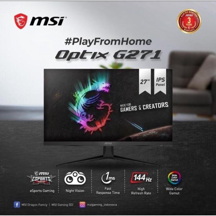 Jual MSI Optix G271 Monitor Gaming 27 Inch - FHD 144Hz 1ms | Shopee Indonesia