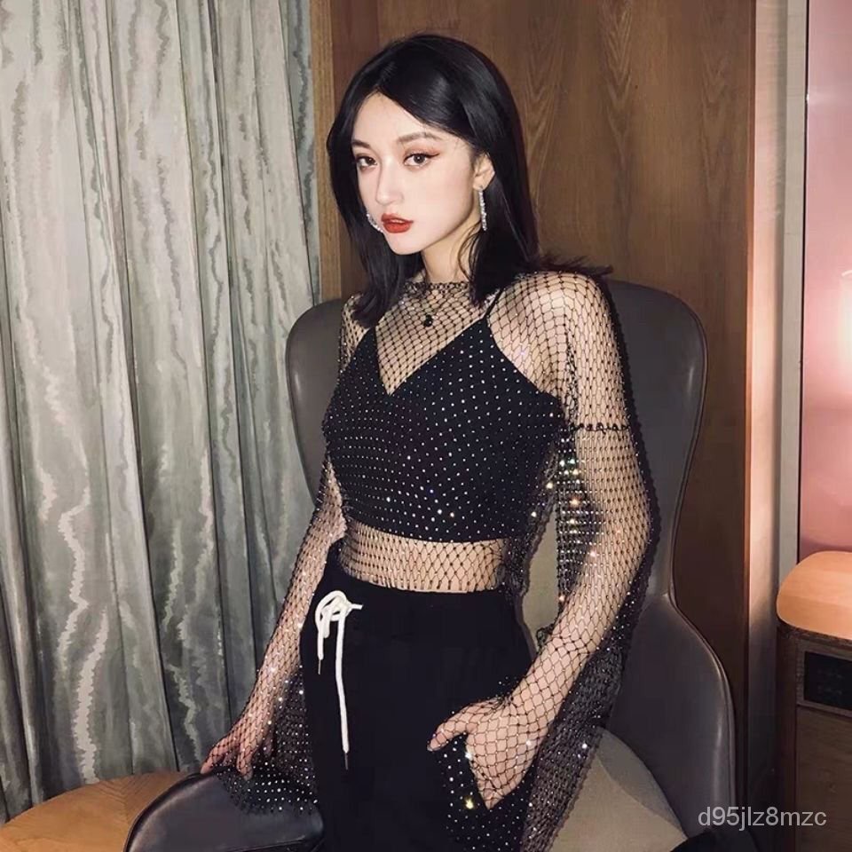 Jual Ready Korean Style Internet Celebrity Fishnet Rhinestone Blouse ...