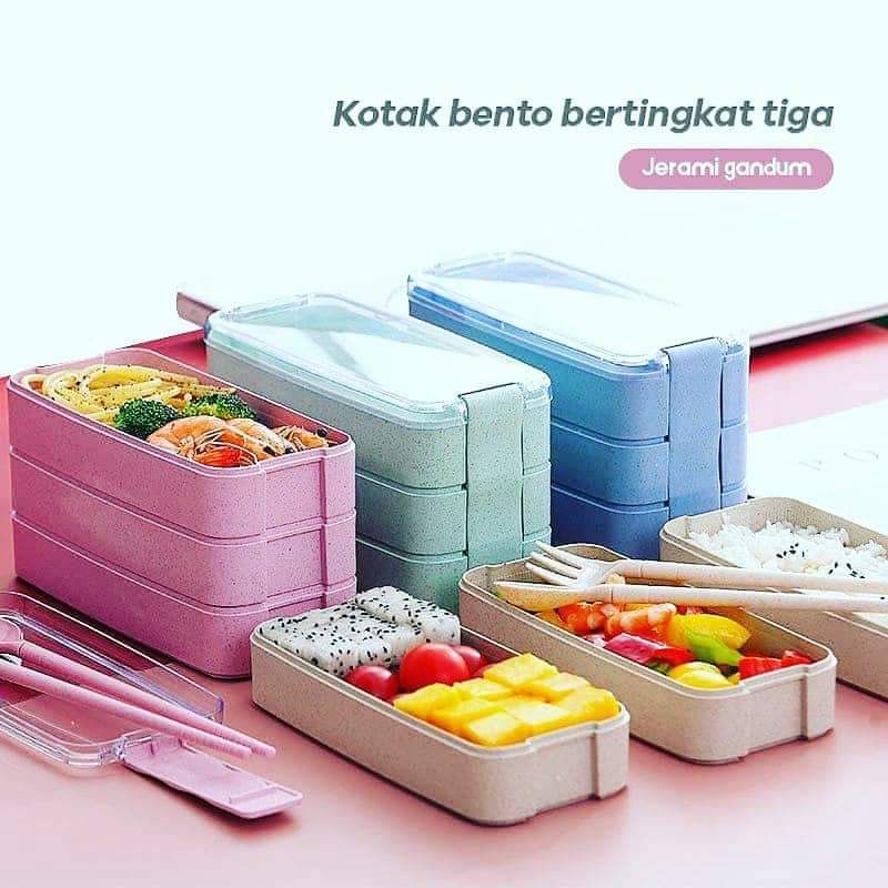 Jual kotak tempat Makan Bento Lunchbox set 3 susun BPA free Sendok & Garpu Krem Hijau Pink Biru ...