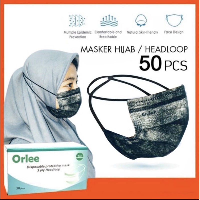 Jual Masker Hijab Headloop ORLEE 3 ply / Surgical Disposable Mask ...