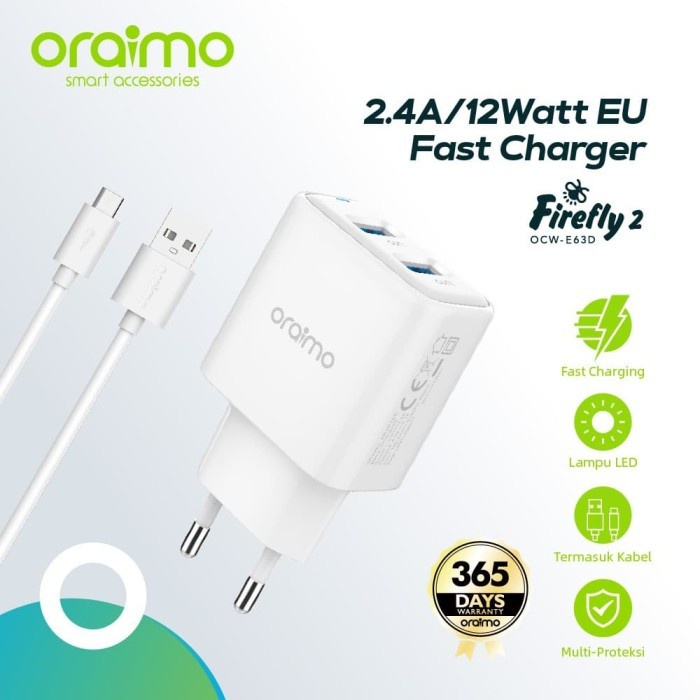 Jual Oraimo Firefly 2 Charger Dual Ports 5V 2.4A Quick Power Fast ...
