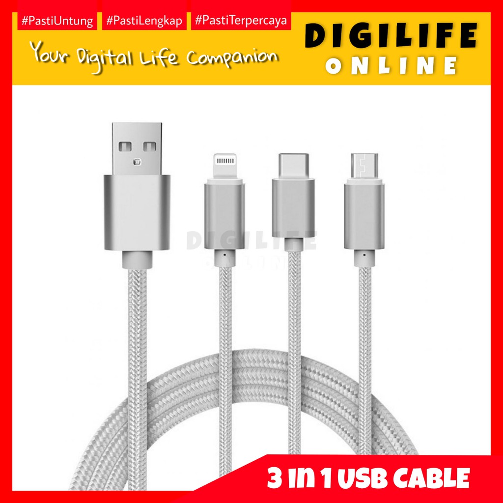 Jual Kabel Charger 3 in 1 Charging Cable Micro USB + Lightning + Type C 1M | Shopee Indonesia