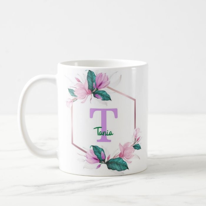 Jual Mug Inisial Huruf gambar Bingkai Bunga Warna Pink Custome Nama ...