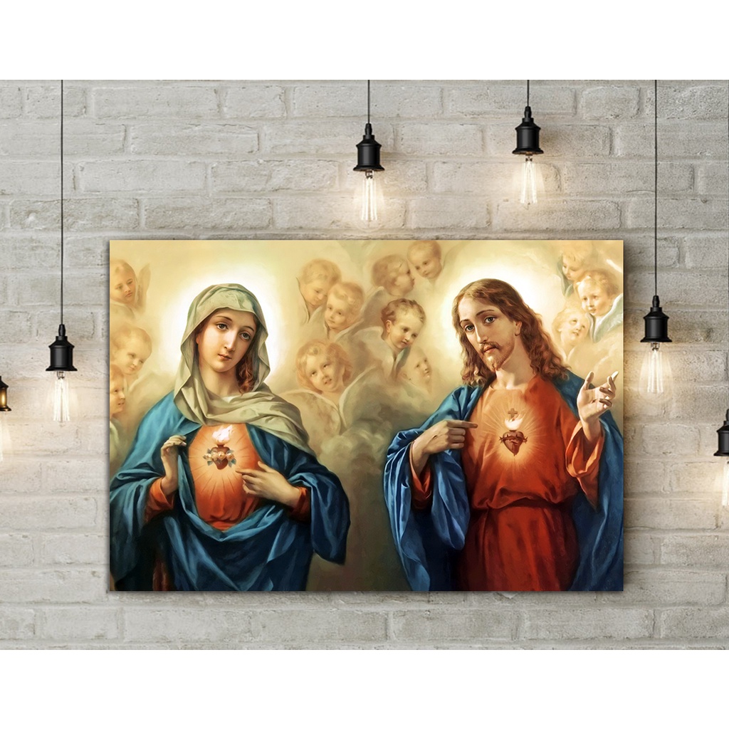 Jual lukisan cetak hati kudus yesus dan maria 40x60cm rangka spanram ...