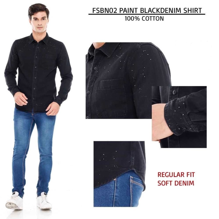 Jual FSBN Black Paint Denim Shirts Original - Kemeja Jeans Pria Branded ...