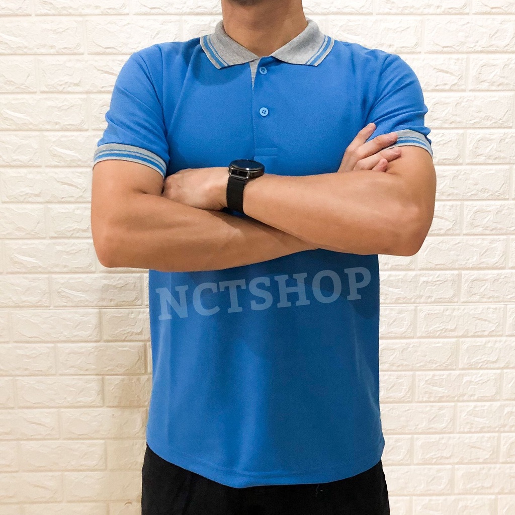 Jual Polo Shirt Biru Poloshirt Kaos Kerah Polos Kombinasi Unisex Shopee Indonesia