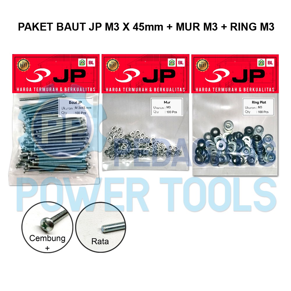 Jual PAKET 3 SET JP M 3x45 BAUT MUR RING PLAT M 3 x 45 MUR M3 ISI 100 ...
