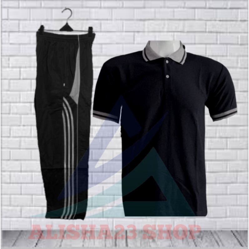 Jual Setelan Baju Berkerah Lengan Pendek Hitam abu/Stelan Training ...