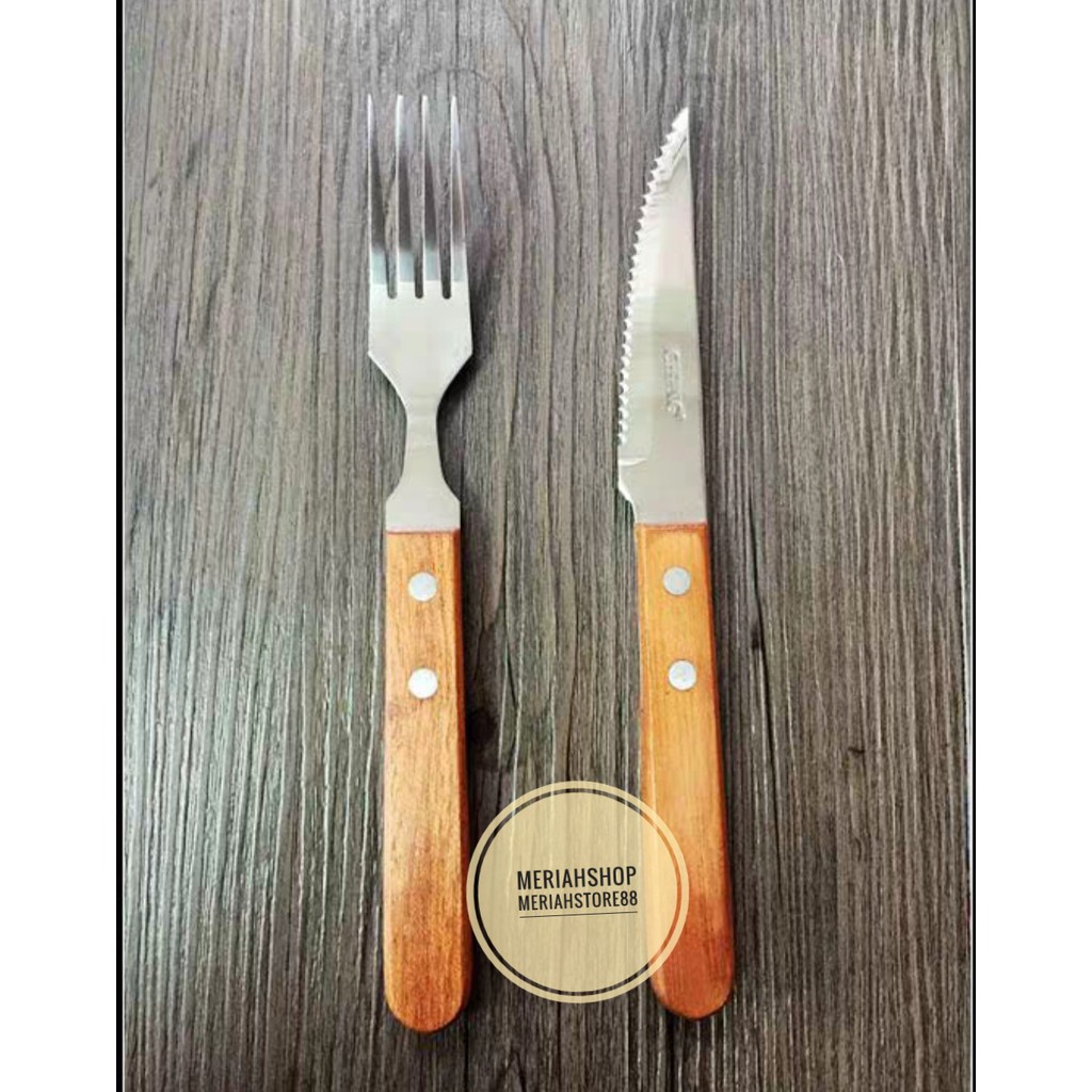 Jual Pisau Steak / Garpu Steak (warna Terang) Stainless Gagang Kayu ...
