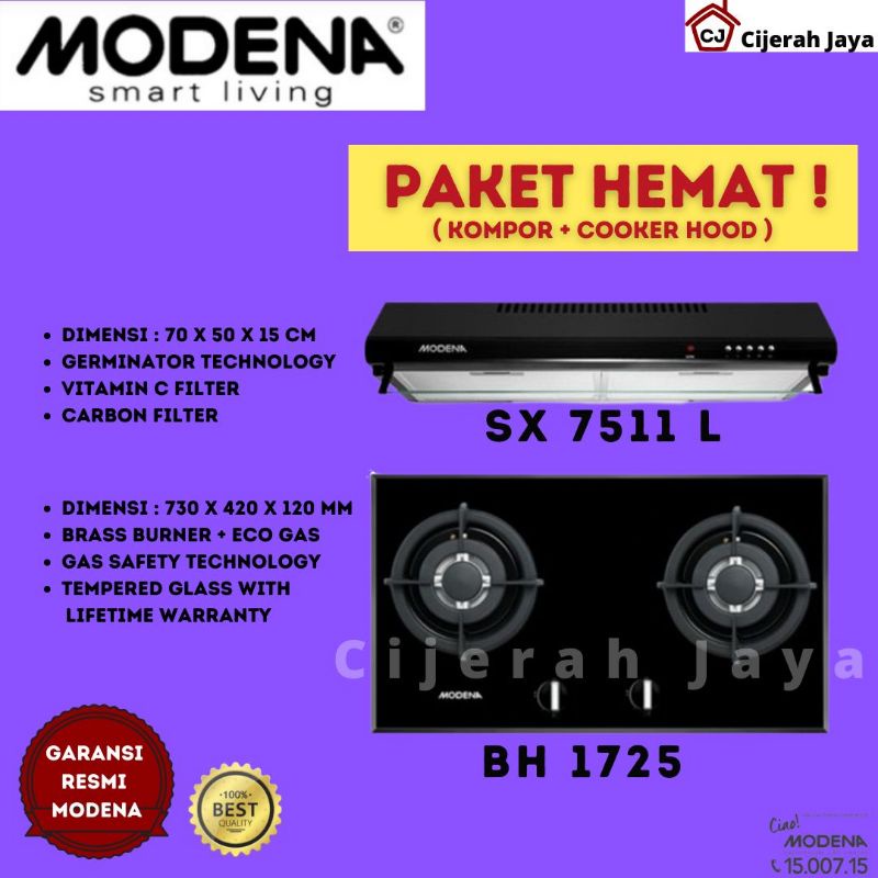 Jual PAKET KOMPOR TANAM MODENA 2 TUNGKU BH 1725 + COOKER HOOD SX 7511 L | Shopee Indonesia