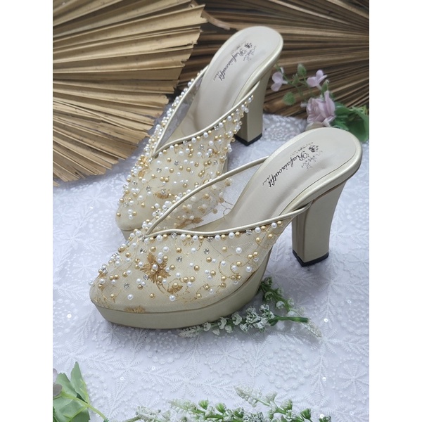 Jual sepatu wedding yasmika gold tinggi 10cm platform | Shopee Indonesia