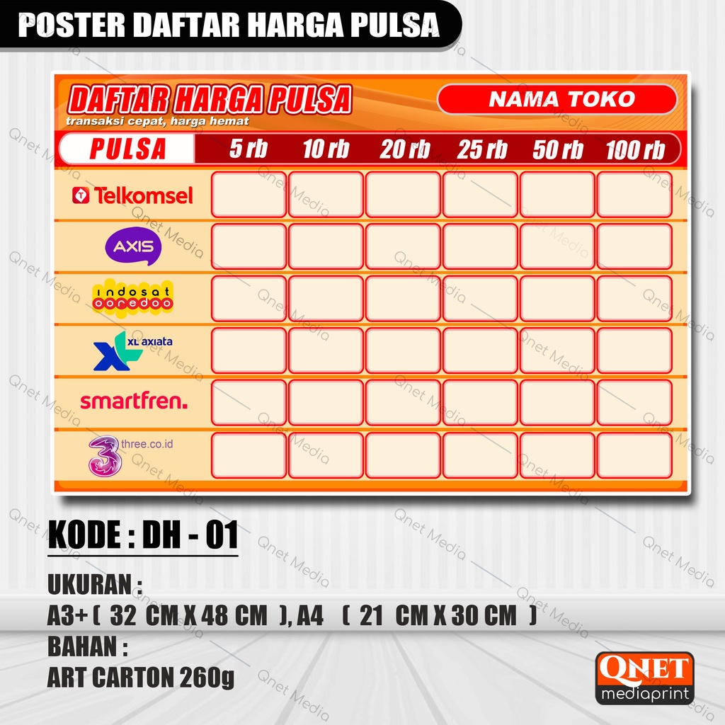 Jual POSTER DAFTAR HARGA PULSA + LAMINASI GLOSSY | Shopee Indonesia