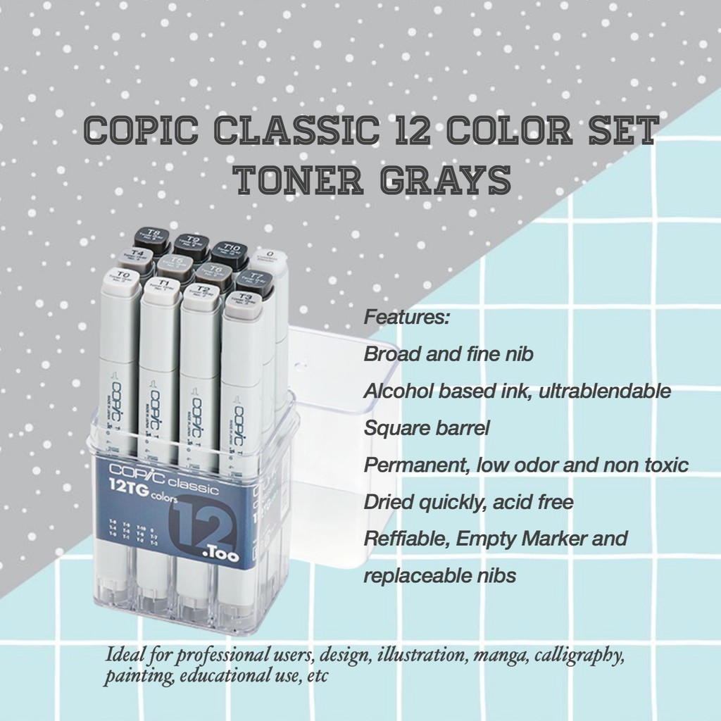 Jual Copic Marker Set 12 Gray TG NG WG CG Classic Spidol Gambar Warna Arsitektur Kaligrafi ...