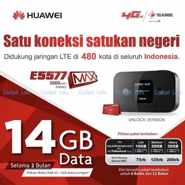 Jual Huawei E5577 Max Mifi Modem Ruoter WifI 4G Free TELKOMSEL 14GB ...
