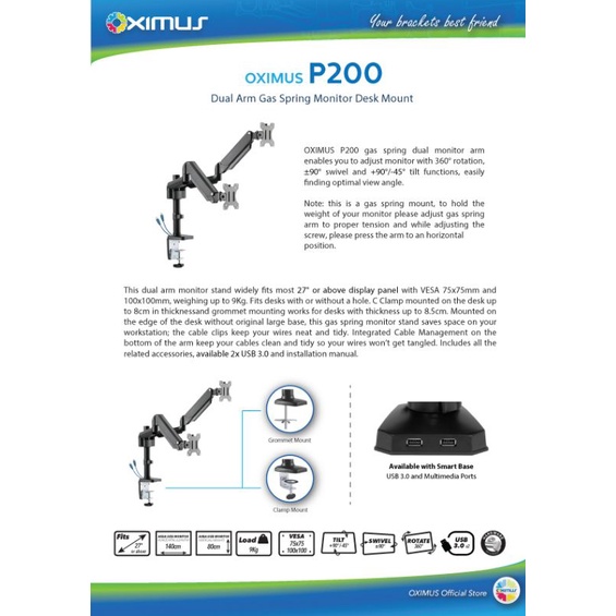 Jual BRACKET DUAL MONITOR LED LCD GAS SPRING OXIMUS P200 P200E SWIVEL ROTATE usb 3.0 x2 | Shopee ...