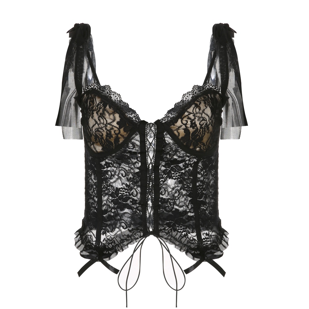Jual Rapcopter Y2k Lace Ruffles Corset Top Tie Up Trim Backless See