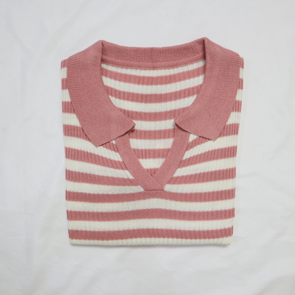 Jual Atasan Kerah salur polo Kaus Rajut Wanita / Korean Vneck Blouse | Shopee Indonesia