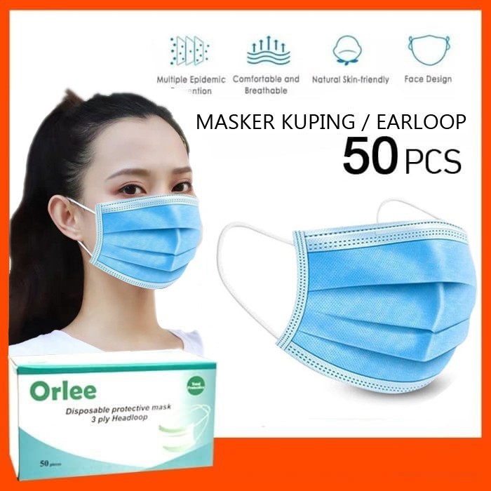 Jual Masker 3 ply Biru Blue Orlee Bedah Earloop Kemenkes 3ply 50pcs ...