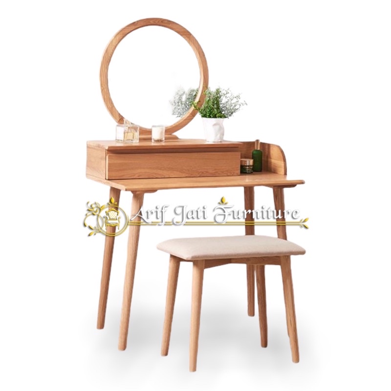 Jual Meja Rias Minimalis Simple Kayu Jati + Kaca dan Kursi | Shopee ...