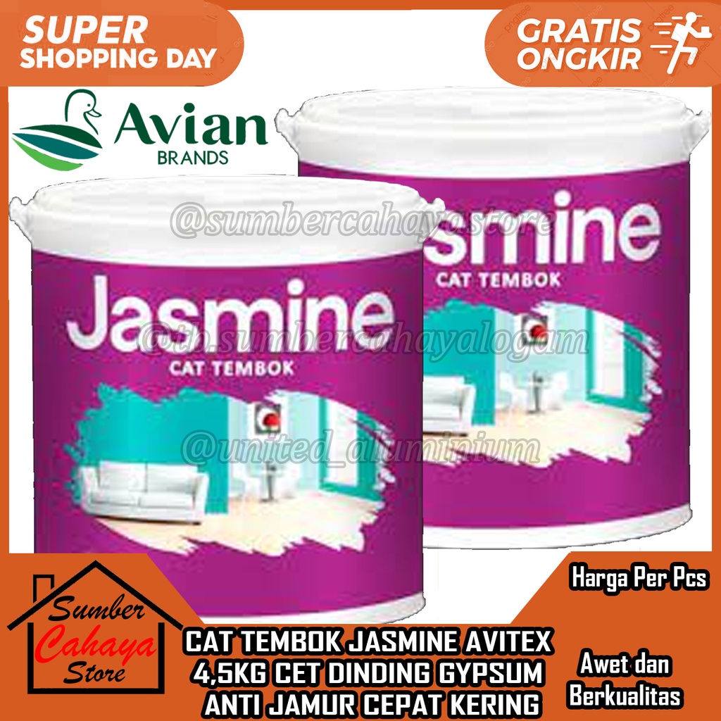 Jual CAT TEMBOK JASMINE AVITEX 4,5KG CET DINDING GYPSUM PLAFON ANTI ...