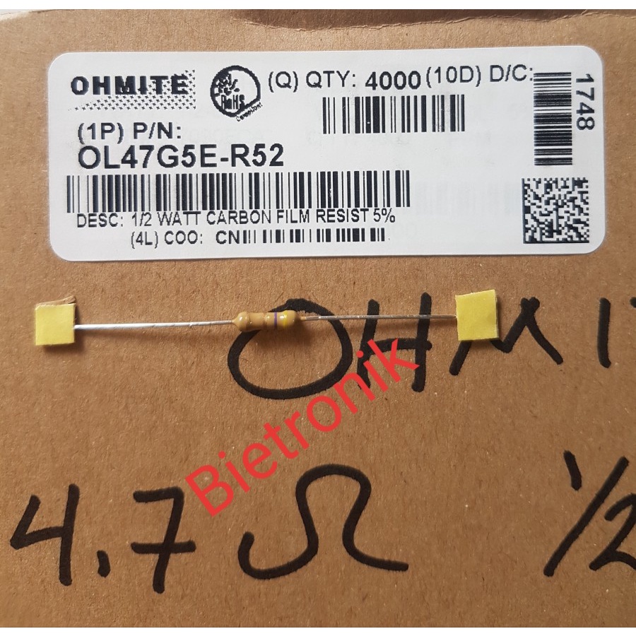 Jual Resistor 4.7 Ohm 4R7 1/2W 5% Carbon Film Merk OHMITE | Shopee ...
