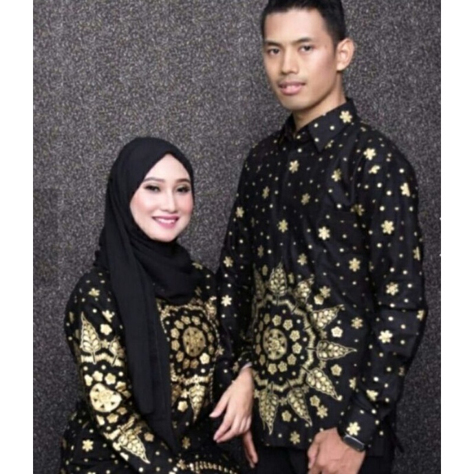 Jual Baju Couple Batik Songket Kurung U Motif Matahari (Hitam, Biru ...