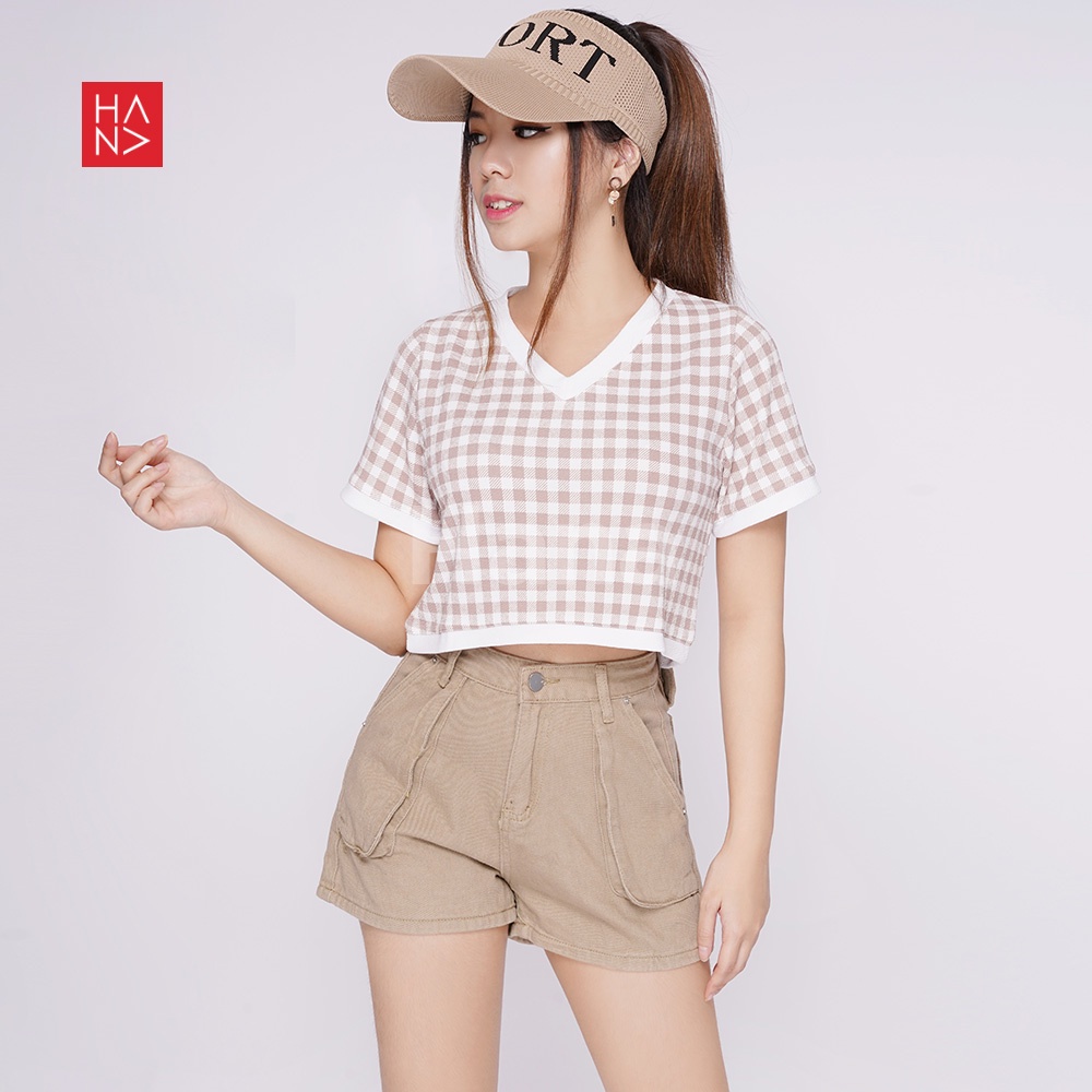Jual Hana Fashion - Jiso V-neck Chekered Korean Crop Top Wanita - CT286 ...