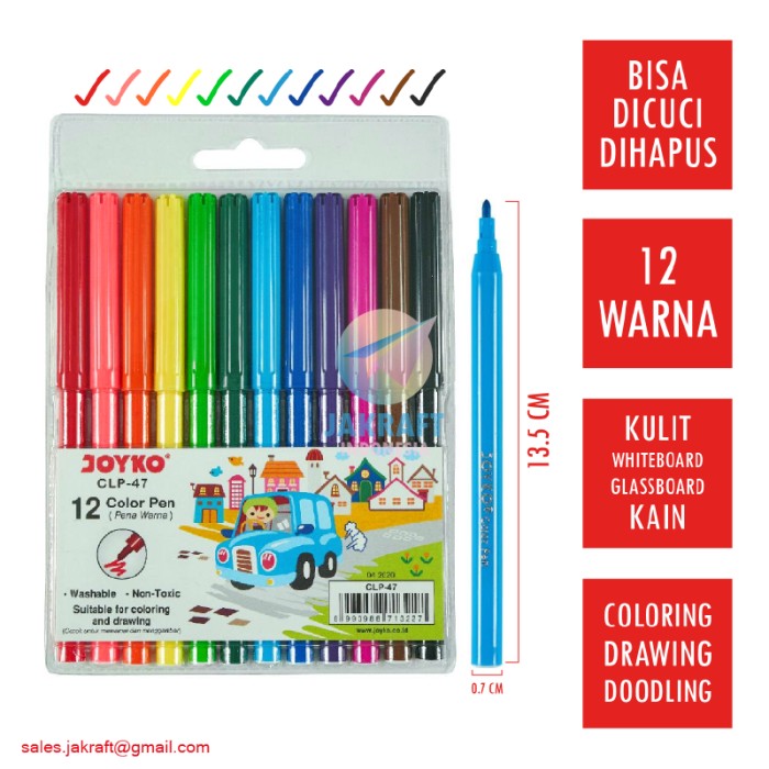 Jual Spidol Bisa Dicuci Hapus Set 12 Warna JOYKO Washable Color Pen CLP ...