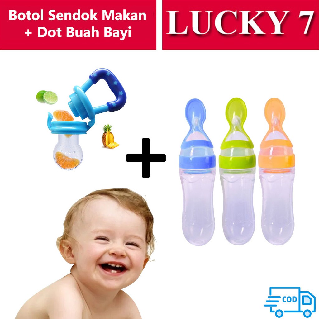 Jual ( COD ) Paket 2In1 Botol Sendok Makan Bayi + Dot Buah Bayi Warna ...
