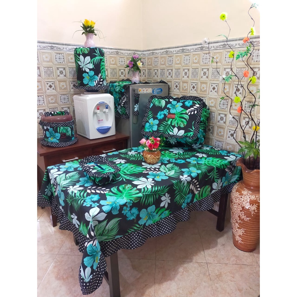 Jual HOMESET/KITCHEN SET MOTIF BUNGA HIJAU HITAM CANTIK | Shopee Indonesia