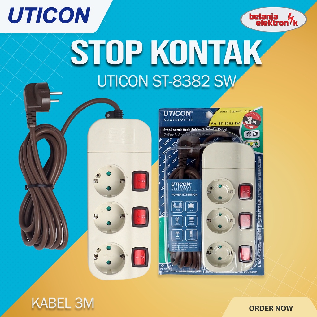 Jual STOP KONTAK 3 LUBANG KABEL 3M TERMINAL KONTAK KUNINGAN + SAKLAR ...