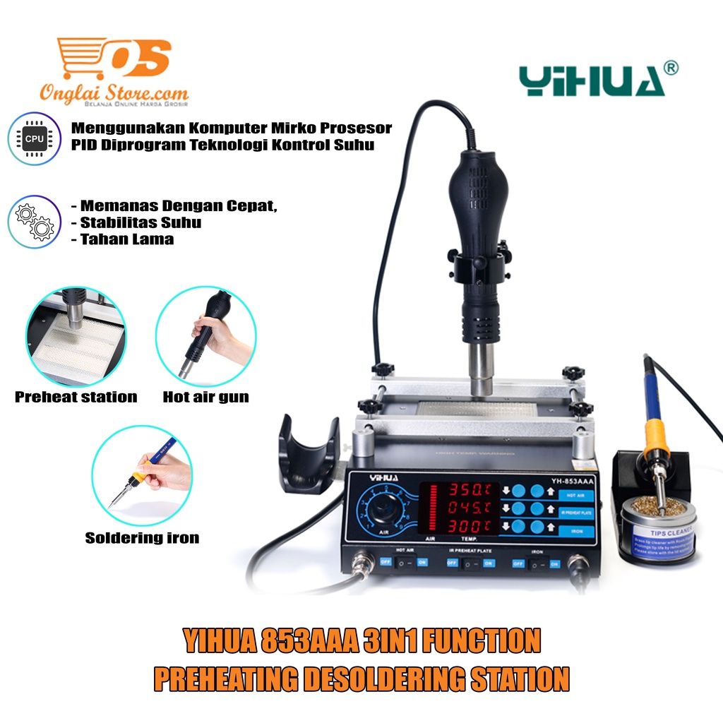 Jual Blower Uap HOT AIR GUN YIHUA 853AAA 3 IN 1 Solder Station + PREHEATER | Shopee Indonesia