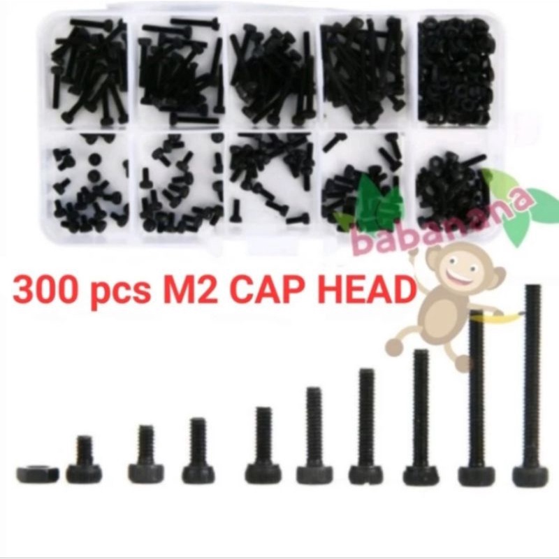 Jual 300pcs M2 cap head hexagonal socket screw nut kit carbon steel ...