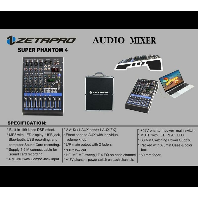 Jual [ORIGINAL] MIXER AUDIO ZETAPRO SUPER PHANTOM 4 4CH WITH 199DSP EFFECT FREE KOPER | Shopee ...