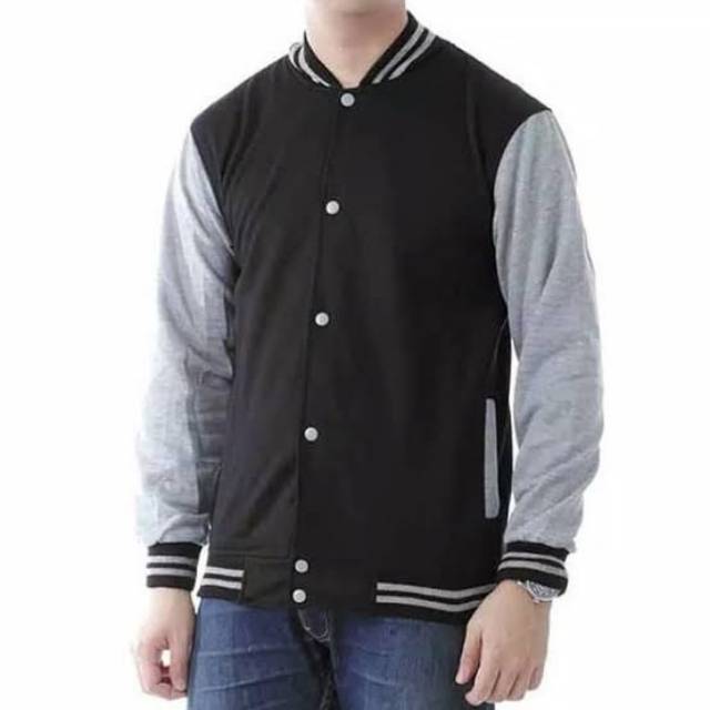 Jual Jaket Baseball Varsity Kancing Hitam - Abu bahan kain fleece tebal ...