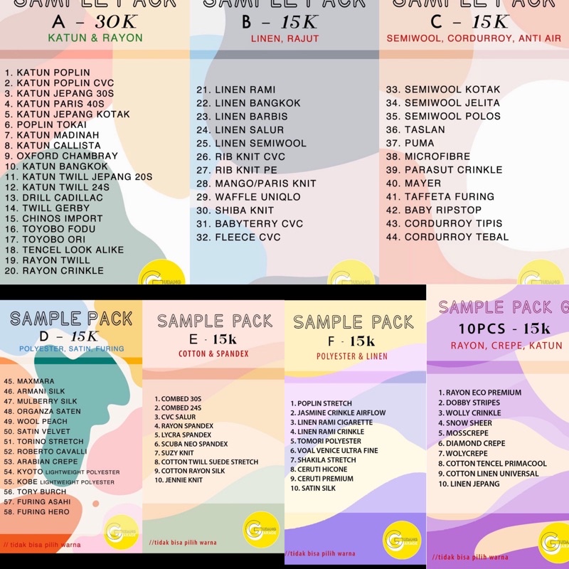 Jual Sample Pack Kain Gudang Garage swatches | Shopee Indonesia