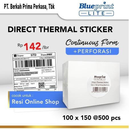 Jual Direct Thermal Sticker Label Resi BLUEPRINT Lite 100x150 mm 500Pcs CF continuous form ...