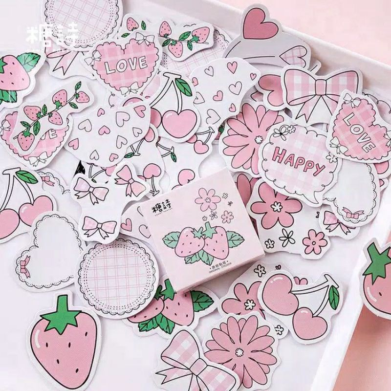 Jual 45 PCS/BOX STIKER KERTAS TEMA STRAWBERRY HAPPY PINK LUCU MURAH ...