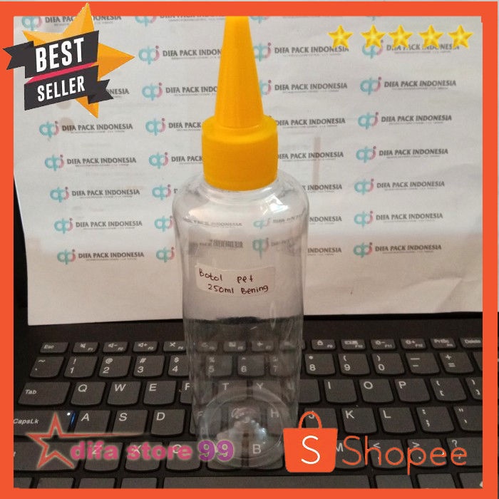 Jual Botol PET 250ml tutup kerucut kuning body nat/botol tinta 250ml ...