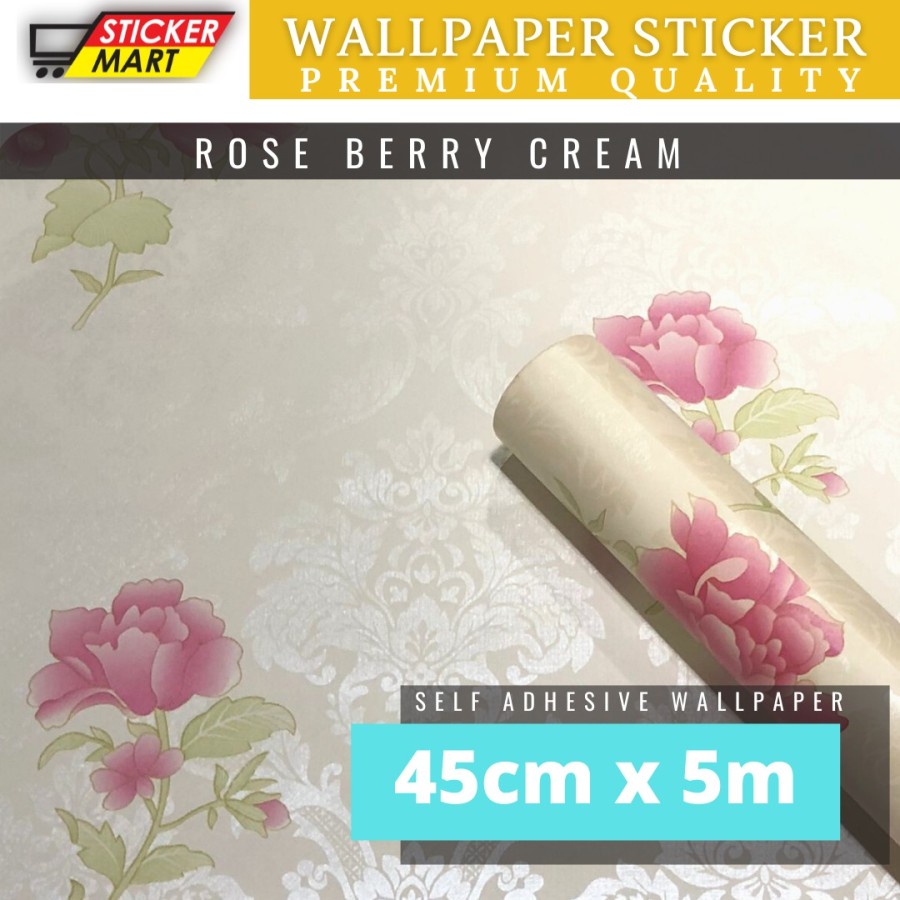 Jual Wallpaper sticker dinding motif bunga mawar pink dasar cream ...