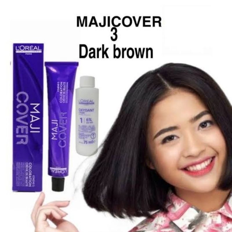 Jual L'oreal Majicover cat rambut no 3 dark brown dan oxidant pewarna ...