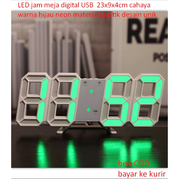 Jual LED jam meja digital USB 23x9x4 cm cahaya warna hijau neon ...