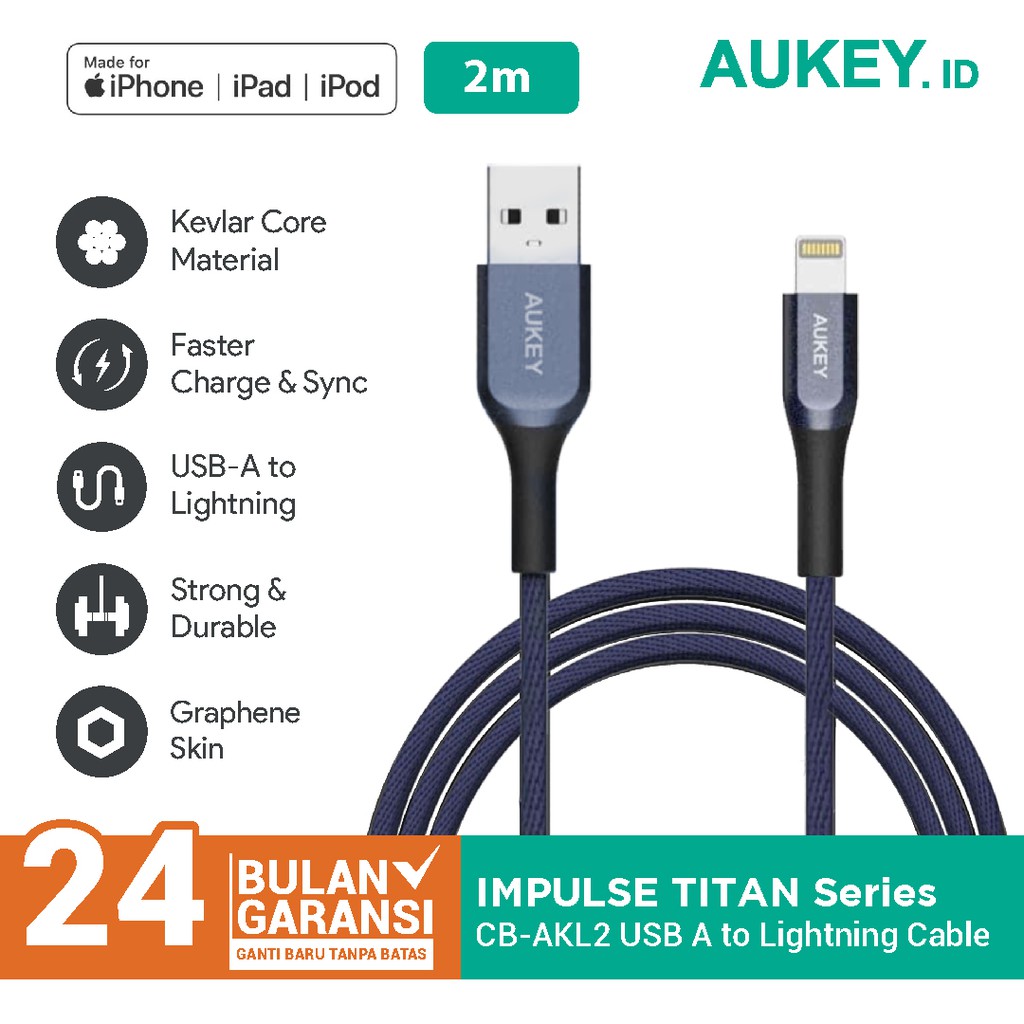 Jual Aukey Cable CB-AKL2 BLUE MFI USB A To Lightning Kevlar Cable 2M ...