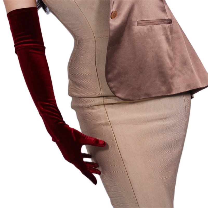 Jual 60cm Velour Gloves Extra Long Section Wine Red Over Elbow Female High Elastic Swan Velvet ...