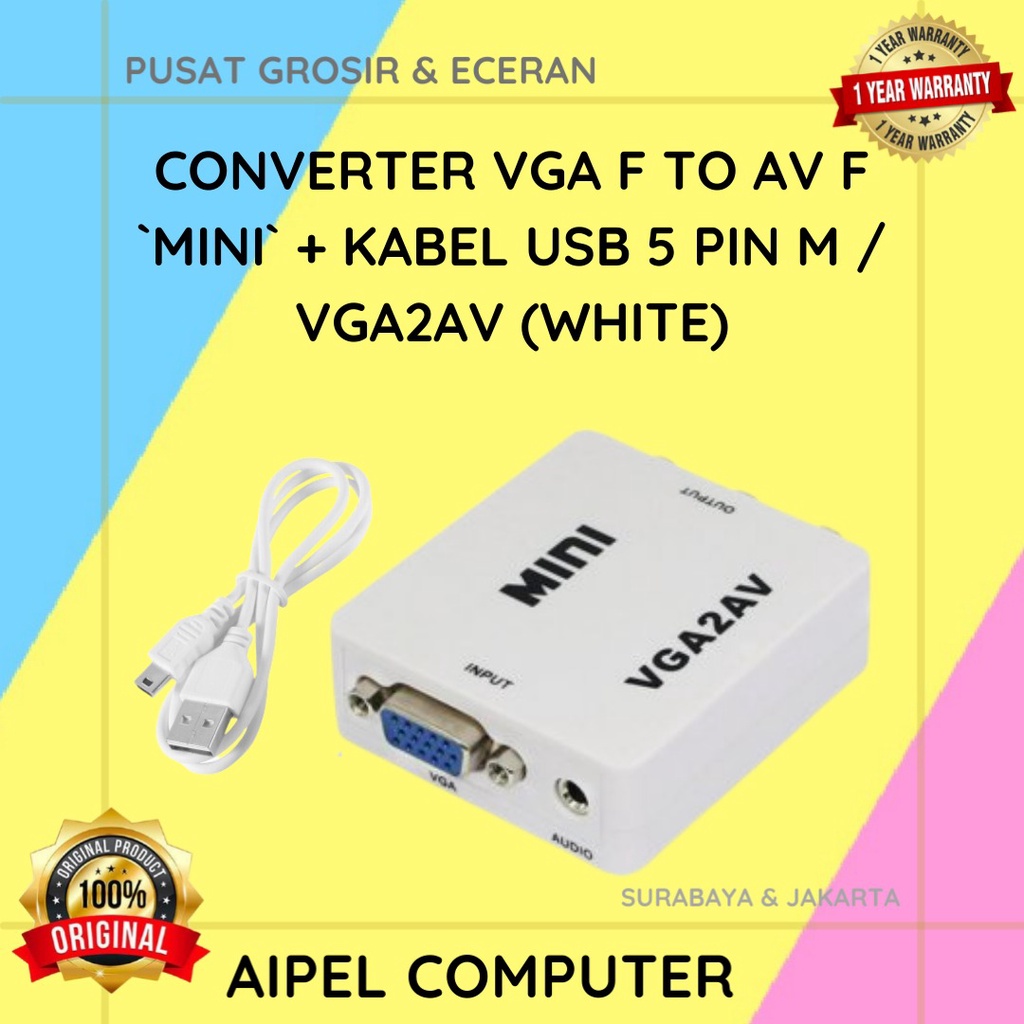 Jual VGA2AV | CONVERTER VGA FEMALE TO AV FEMALE `MINI` + KABEL USB 5 ...