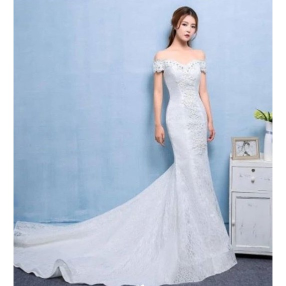 Jual gaun wedding slim Body fit mermaid sabrina | Shopee Indonesia