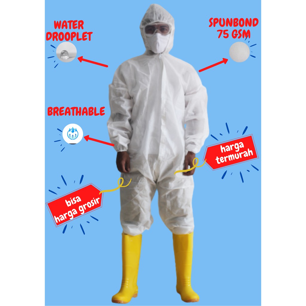 Jual APD hazmat medis coverall disposable spunbond 75 gsm sekali pakai ...