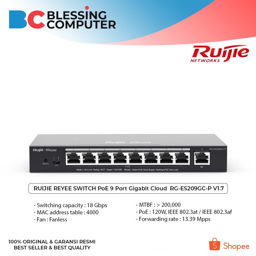 Jual RUIJIE REYEE SWITCH PoE 9 Port Gigabit Cloud RG-ES209GC-P V1.7 ...