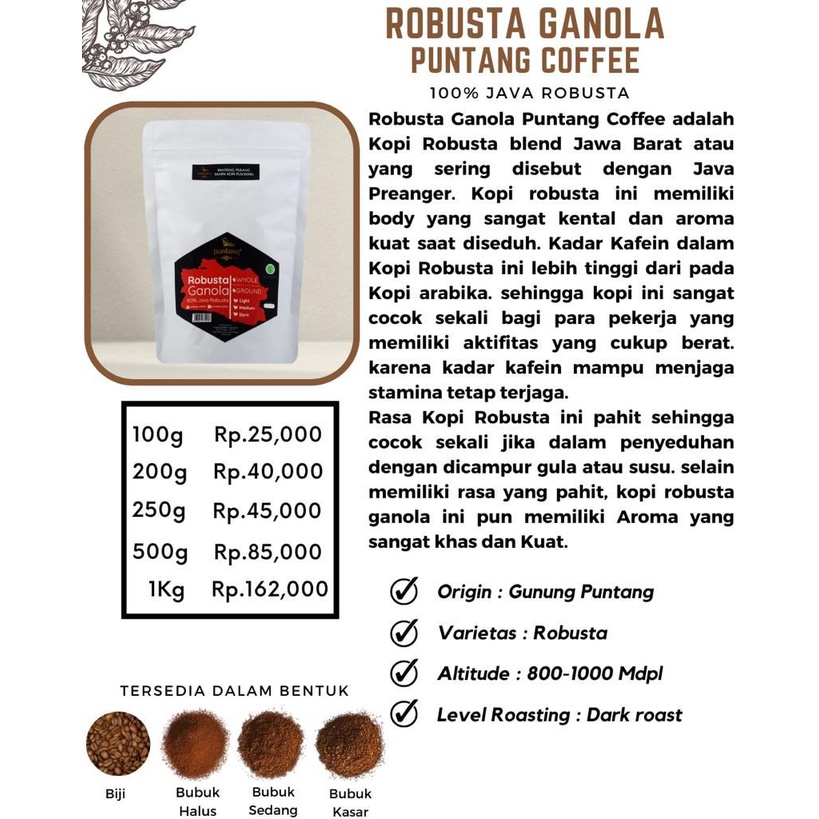 Jual KOPI ROBUSTA GANOLA PUNTANG COFFEE (100% JAVA ROBUSTA) | Shopee ...