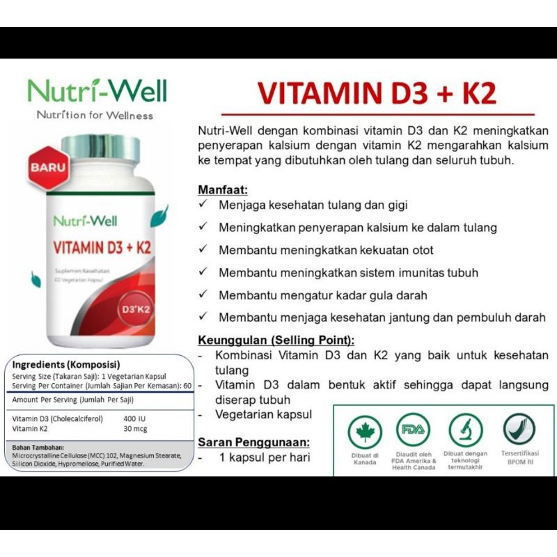 Jual Nutriwell Vitamin D3 + K2 isi 60 kapsule ORI Bpom | Shopee Indonesia